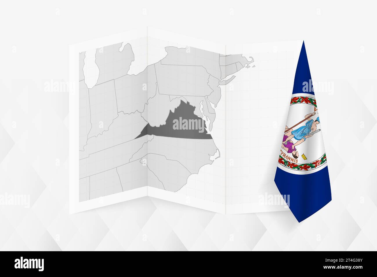 A grayscale map of Virginia with a hanging Virginia flag on one side ...