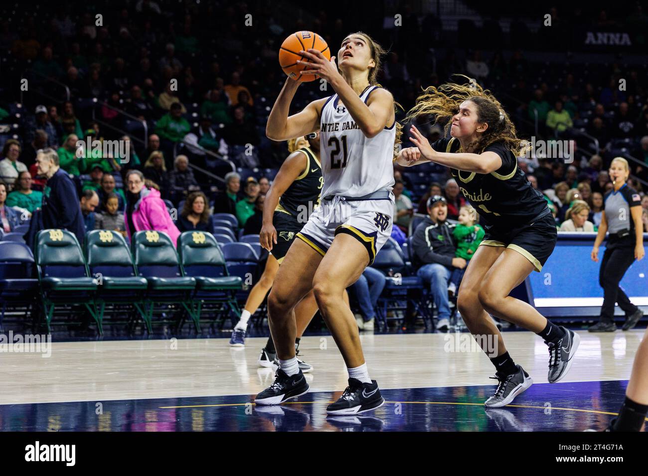 October 30, 2023: Notre Dame forward Maddy Westbeld (21) goes up for a ...