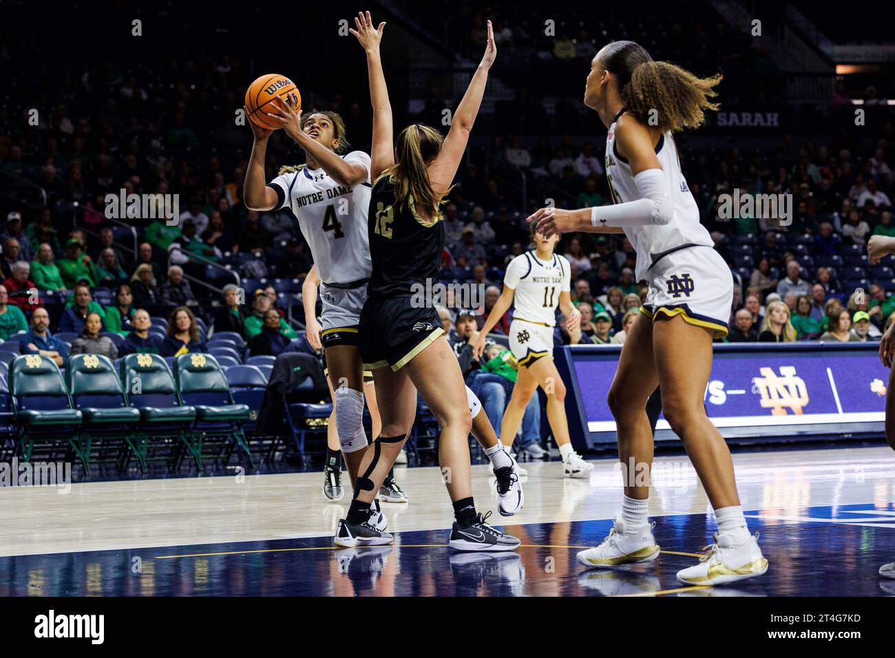 October 30, 2023: Notre Dame guard Cassandre Prosper (4) goes up for a ...