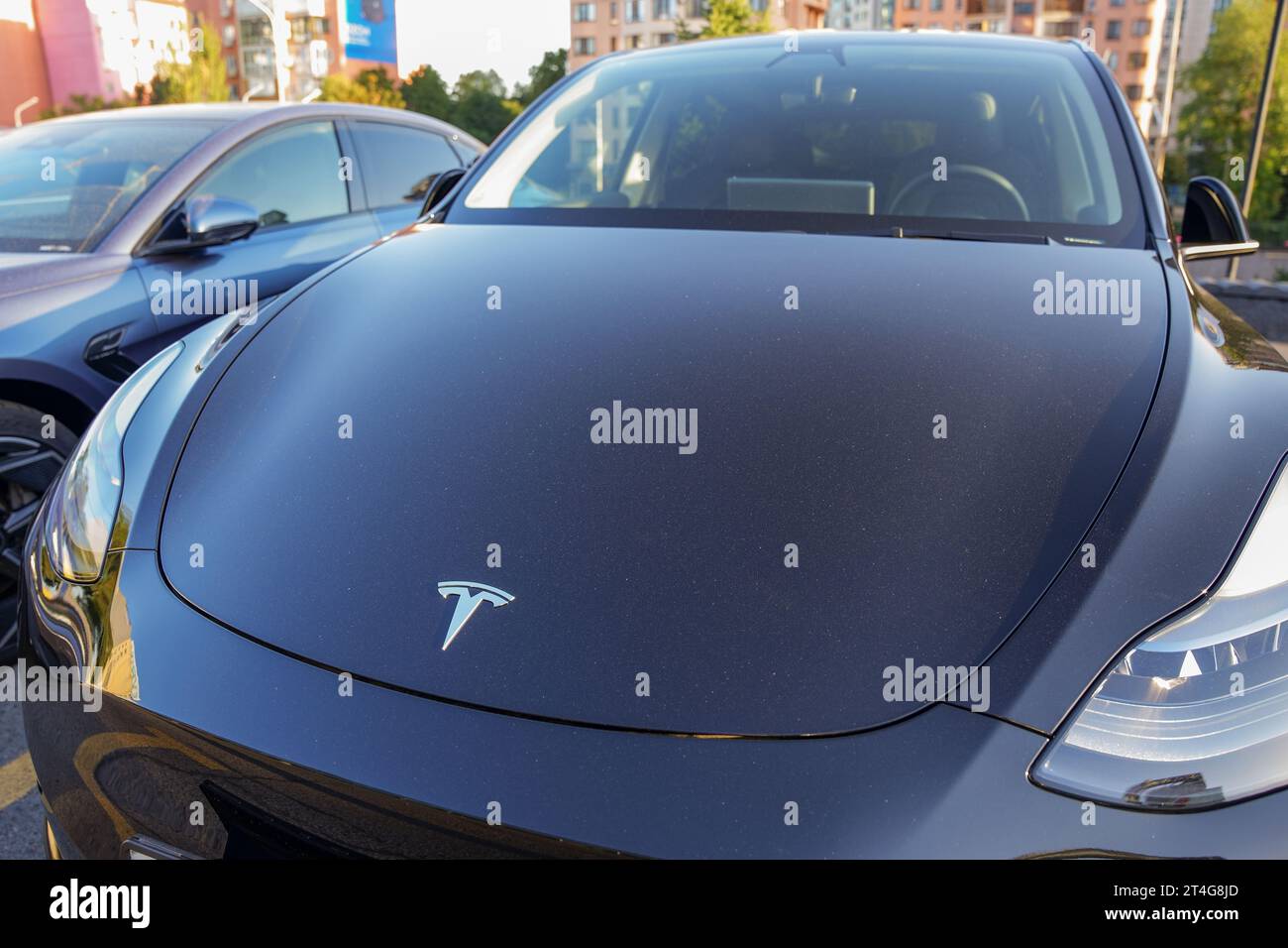 Almaty, Kazakhstan - August 18, 2023: Tesla emblem on the hood of model ...