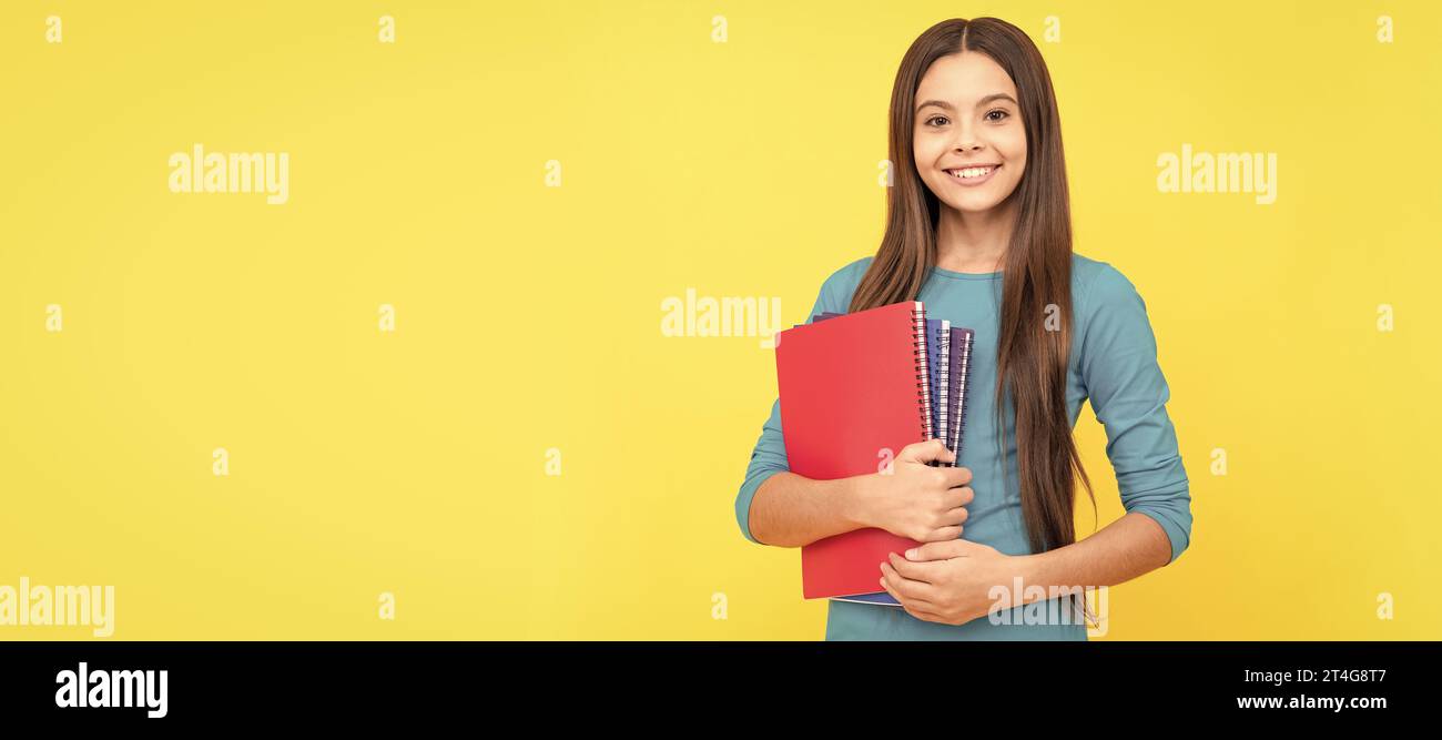 cheerful child girl hold notepad for homework, study. Banner of school ...