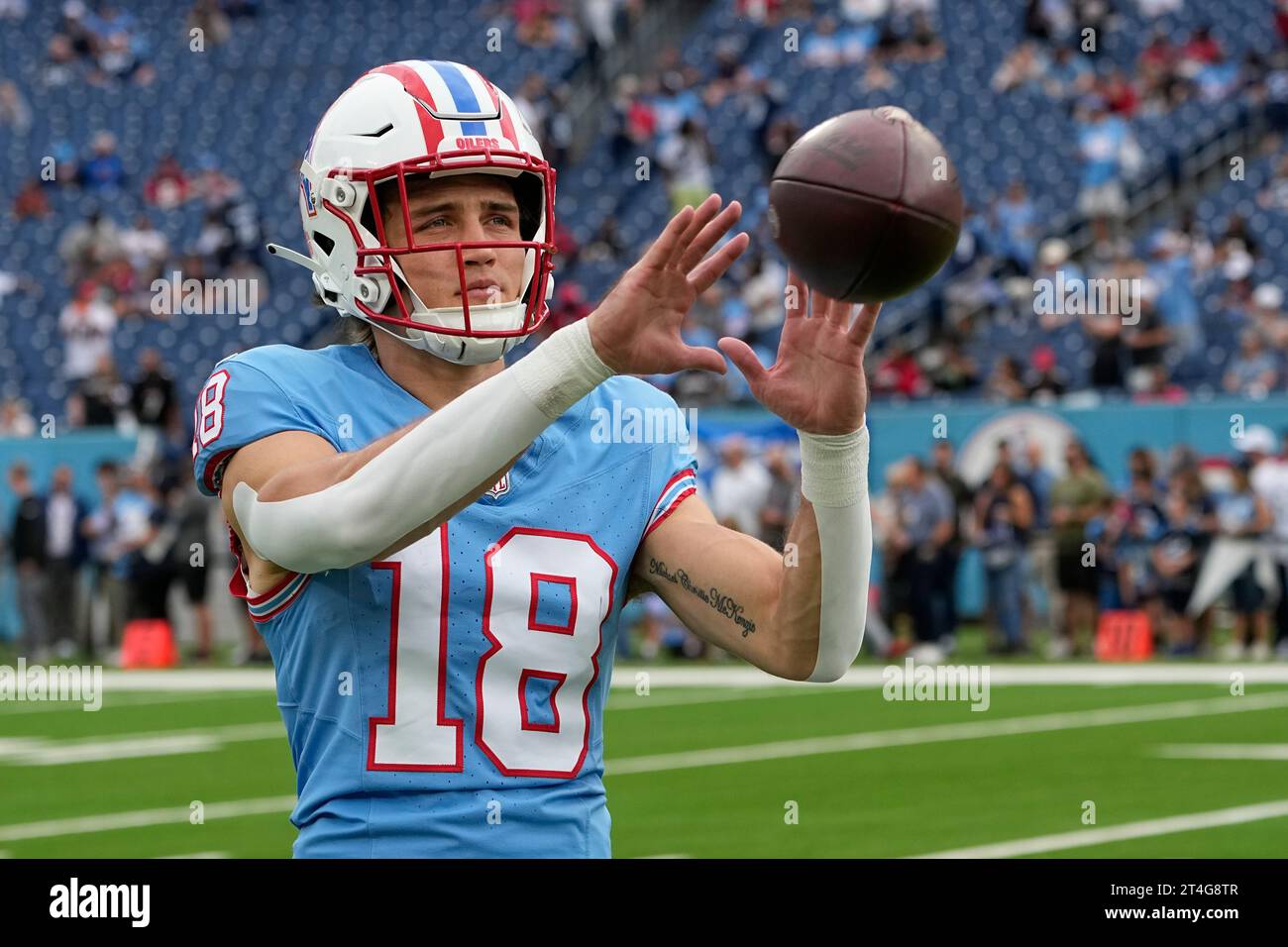 Tennessee Titans wide receiver Kyle Philips (18) warms up before an NFL ...