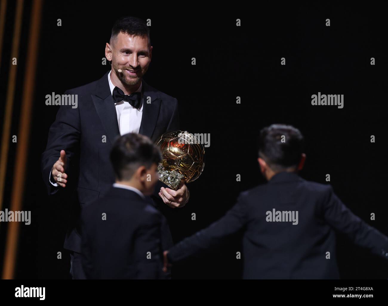 Paris, France. 30th Oct, 2023. Argentine forward Lionel Messi reacts on ...