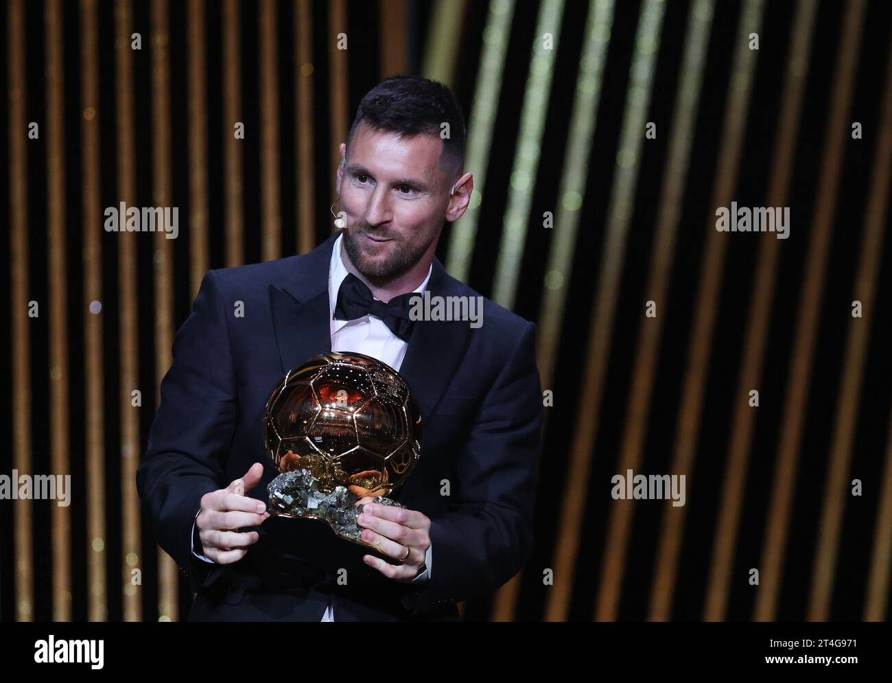 Paris, France. 30th Oct, 2023. Argentine forward Lionel Messi reacts on ...