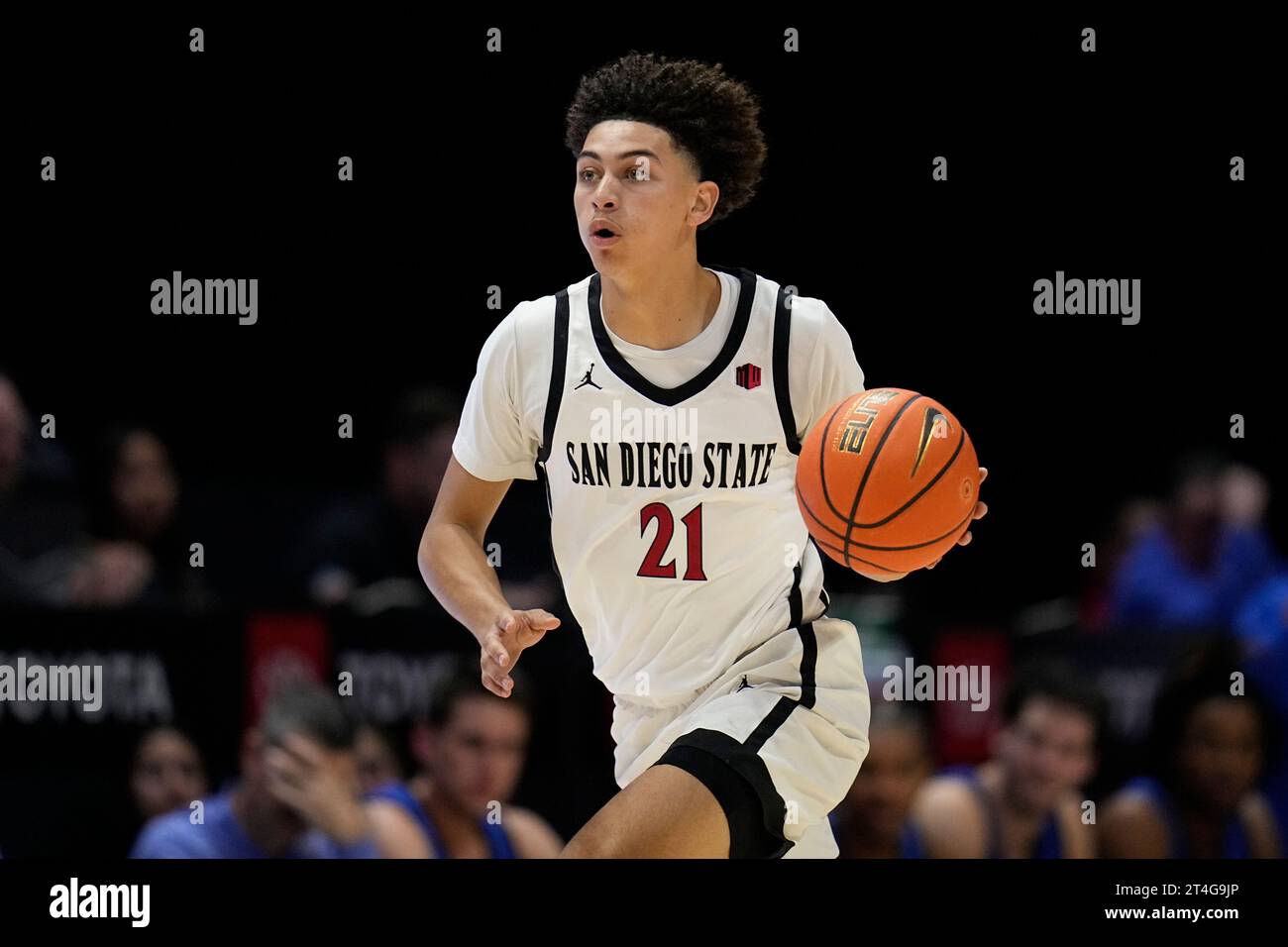 San Diego State guard Miles Byrd dribbles the ball during the second ...