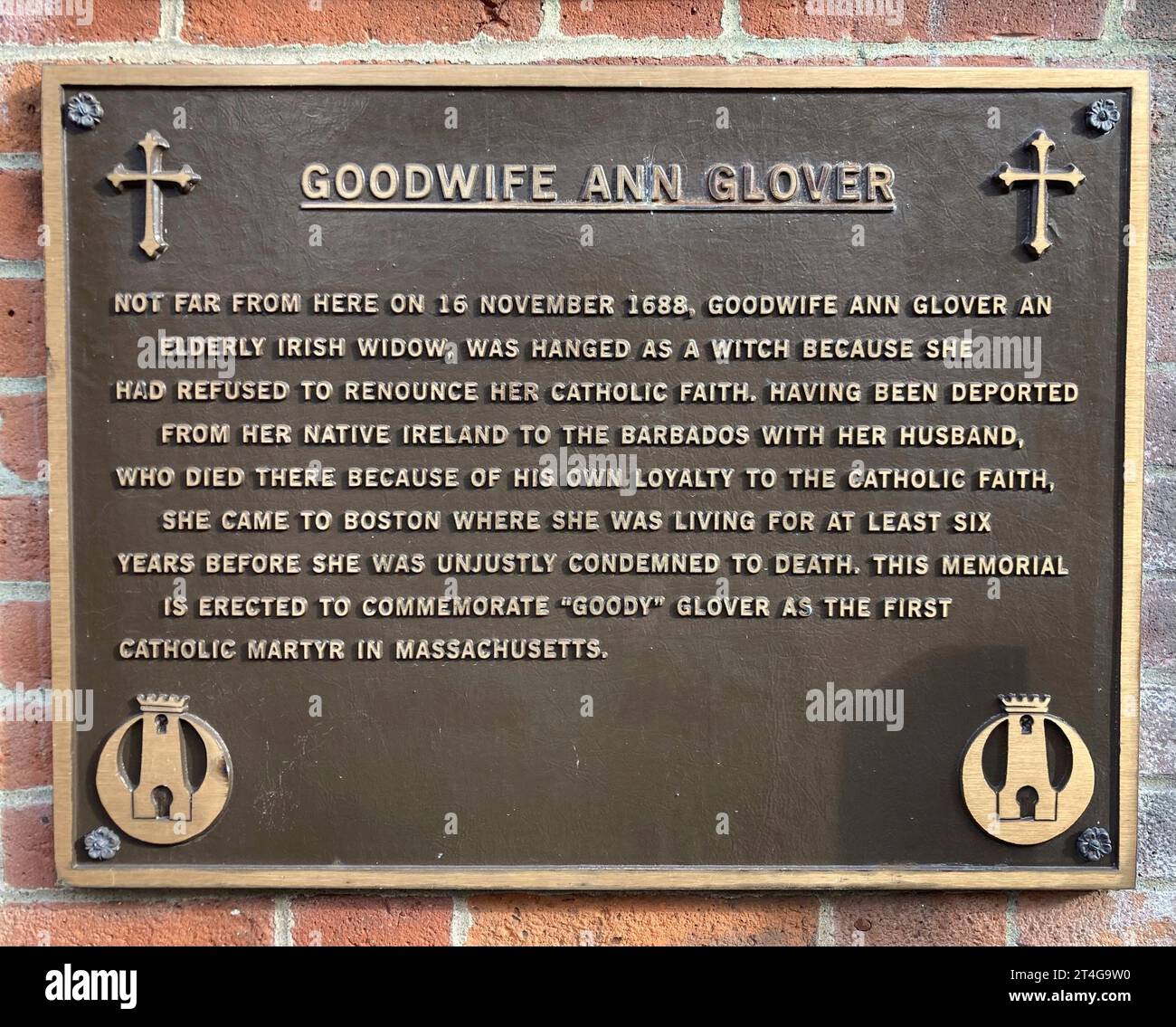 This Oct. 25, 2023 photo shows a plaque memorializing Goodwife Ann Glover or Goody Glover ...