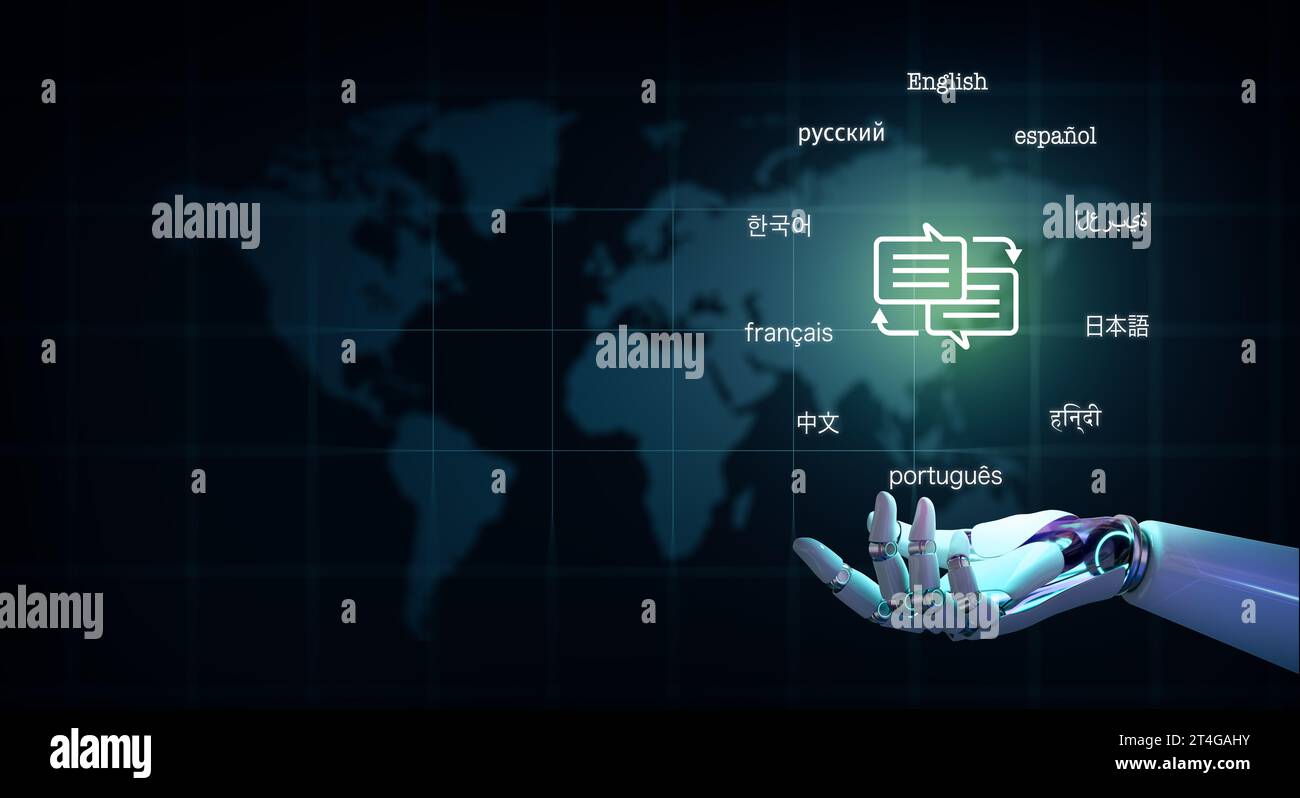 Ai Robot Hand holding speech bubble with arrows and text in many ...