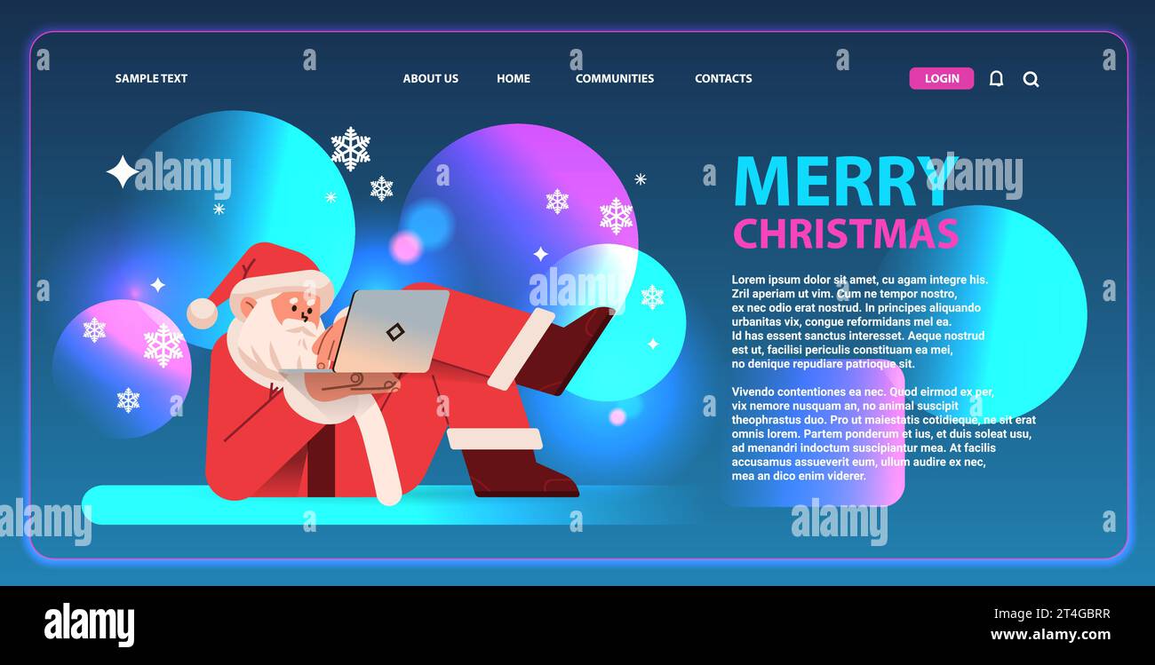 santa claus in red costume lying on his back and typing on laptop happy ...