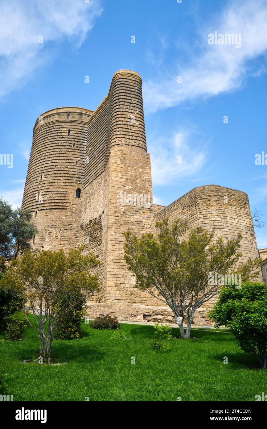 A view of the tall, round, circular, stone Maiden Tower, Qız Qalası ...