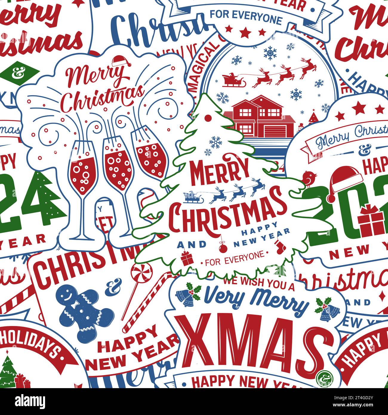 Merry Christmas and Happy New Year 2024 seamless pattern with ...