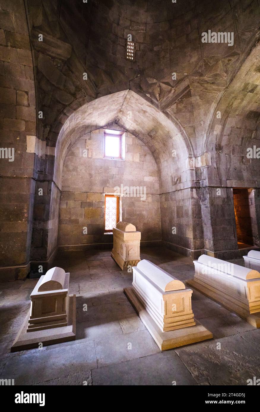 Interior view of the iconic Shirvanshah tomb with various stone grave ...