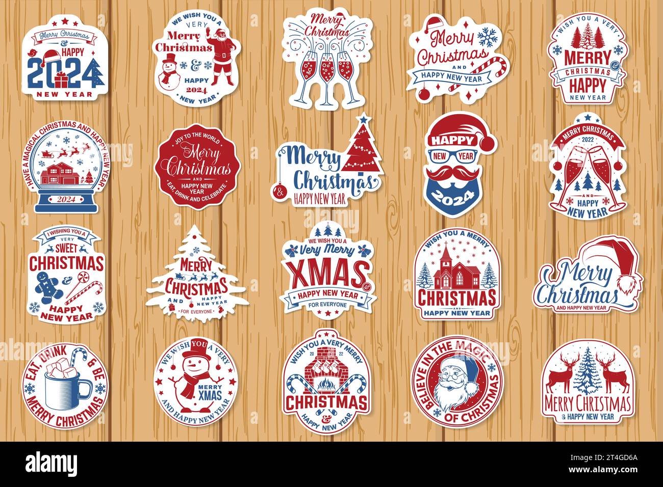 Set of Merry Christmas and 2024 Happy New Year stamp, sticker Set ...