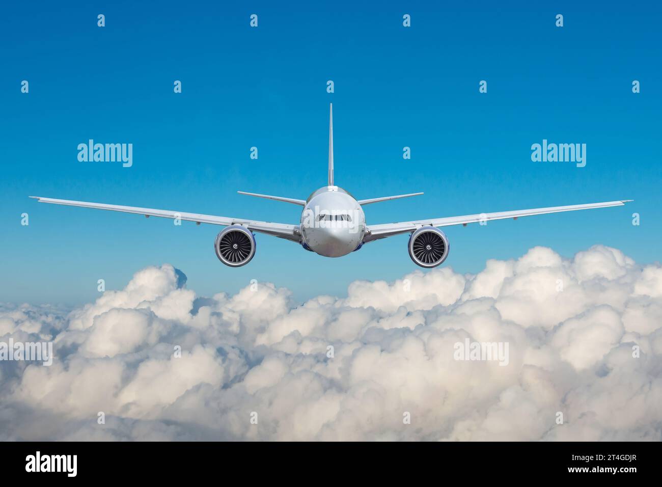 Beautiful panoramic background clouds cumulus with flying plane in blue ...