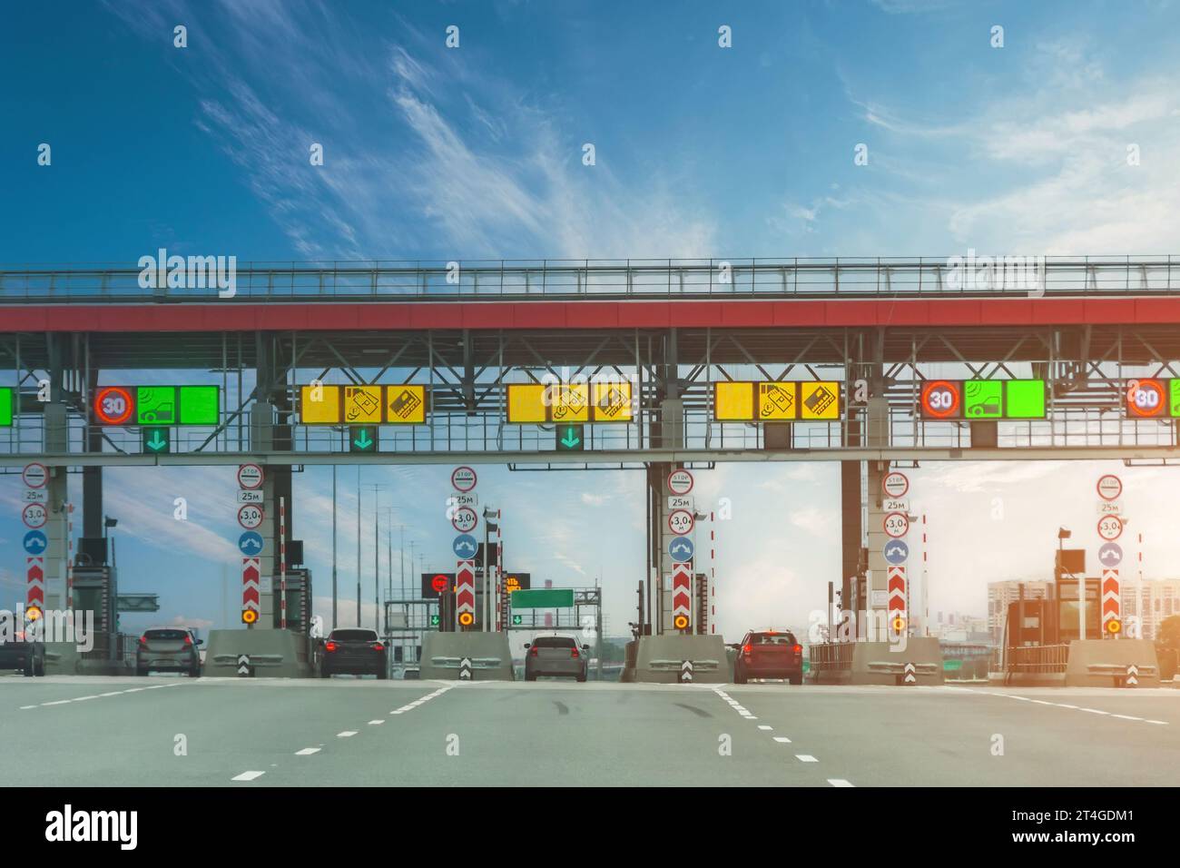 View gate for cars at the entrance to the toll road, limited by the ...