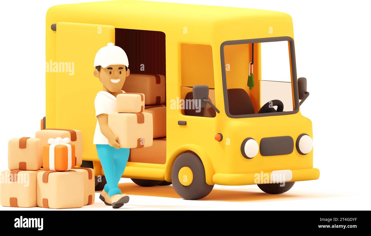 Vector Warehouse Worker or Courier Loading Yellow Van with Cardboard ...