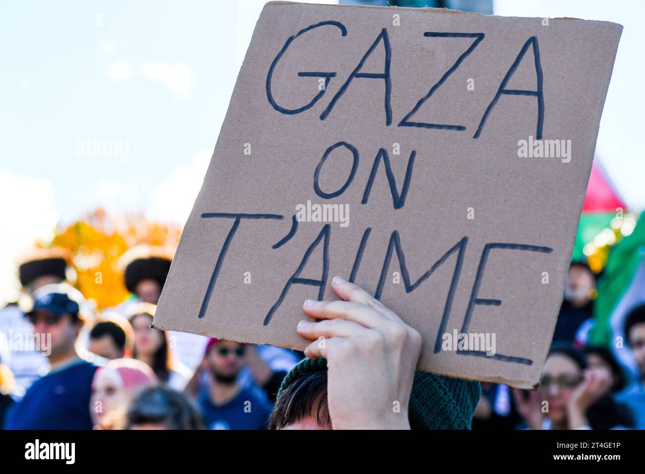 Written in French: Gaza, we love you.placard at a solidarity ...