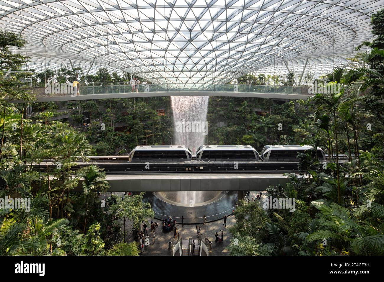 Sky Train travel inside Jewel Changi Airport for passengers to enjoy the lush green interior ...