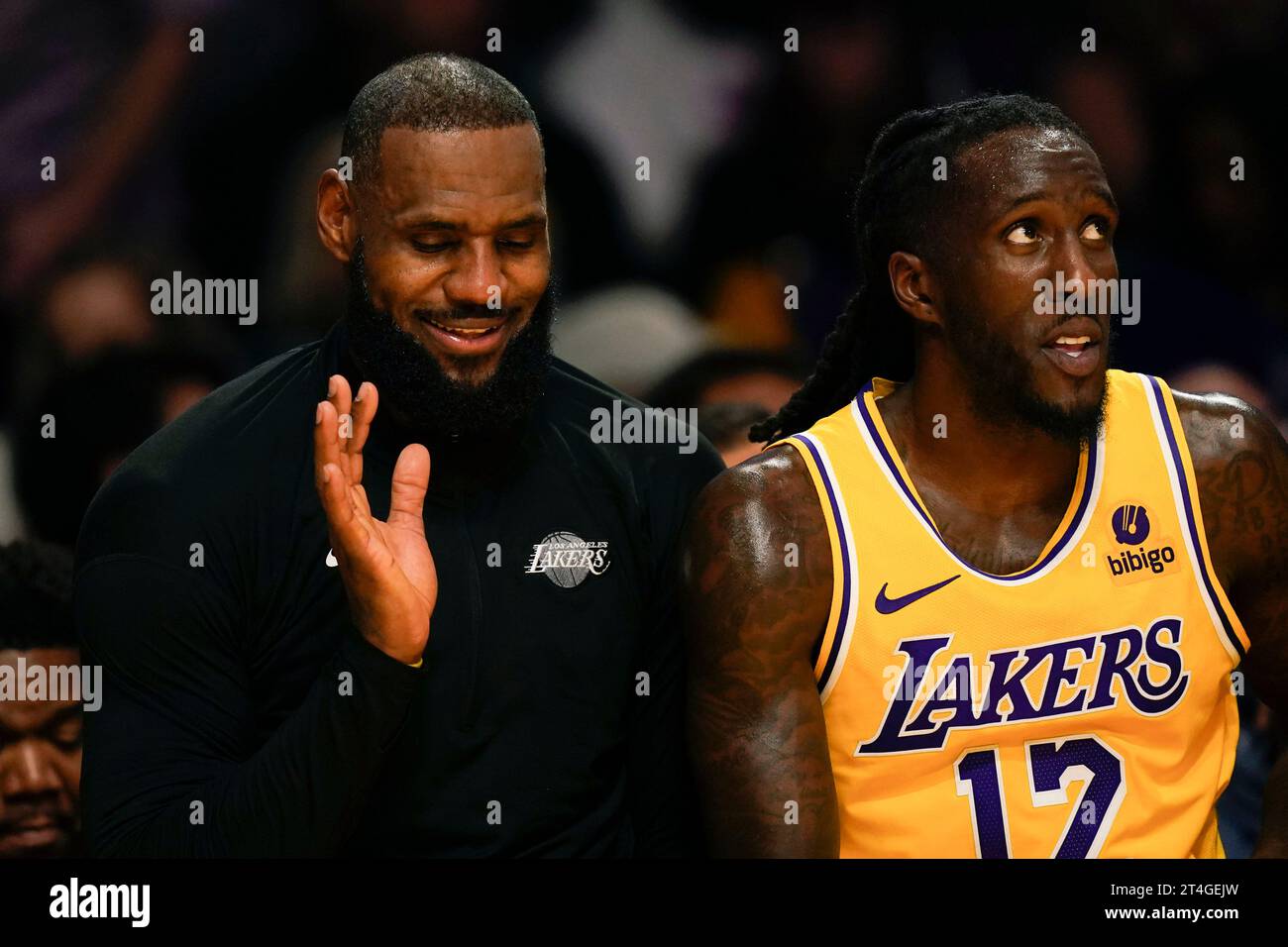 Los Angeles Lakers forward LeBron James, left, reacts while sitting ...