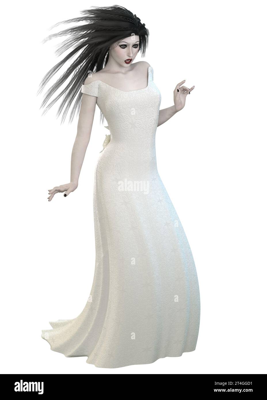 Gothic ghost woman with long black hair wears white gown, 3D ...