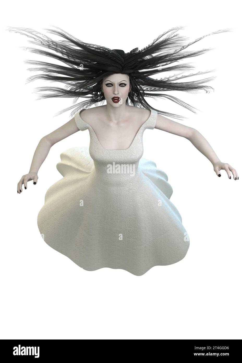 Gothic ghost woman with long black hair wears white gown, 3D ...