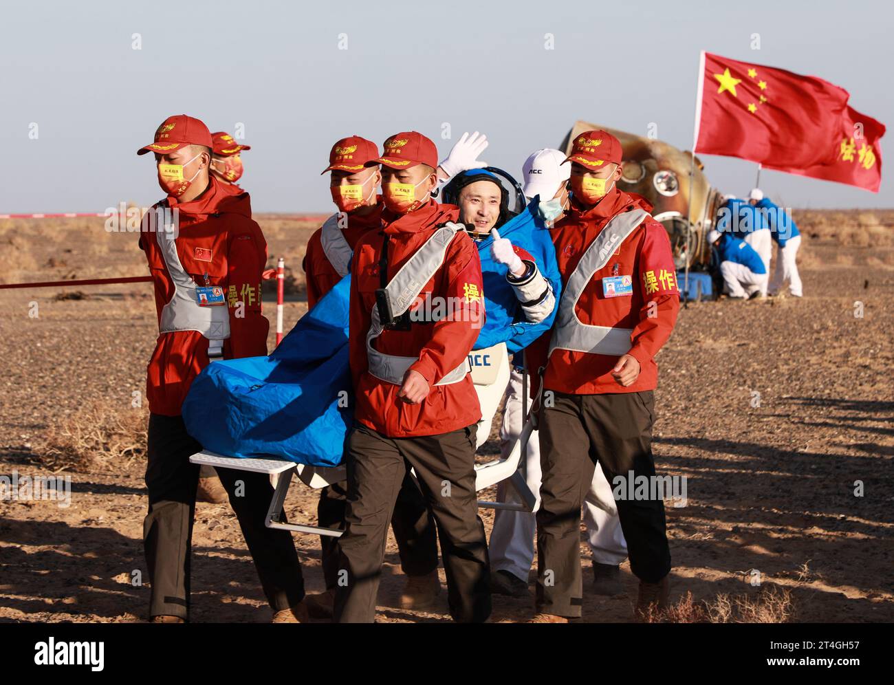 Dongfeng Landing Site. 31st Oct, 2023. Astronaut Zhu Yangzhu is out of the return capsule of the ...