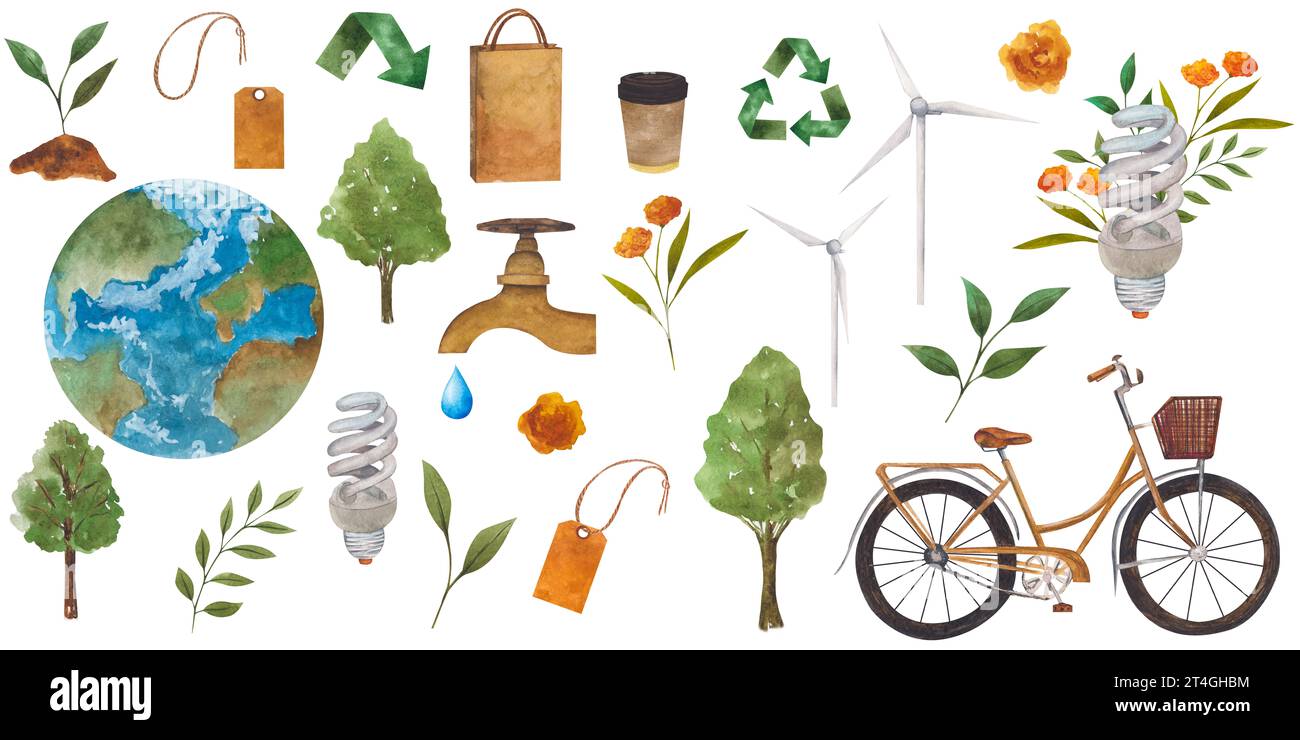 Plants, tree, recyclable eco object, planet, bicycle. Ecological and ...