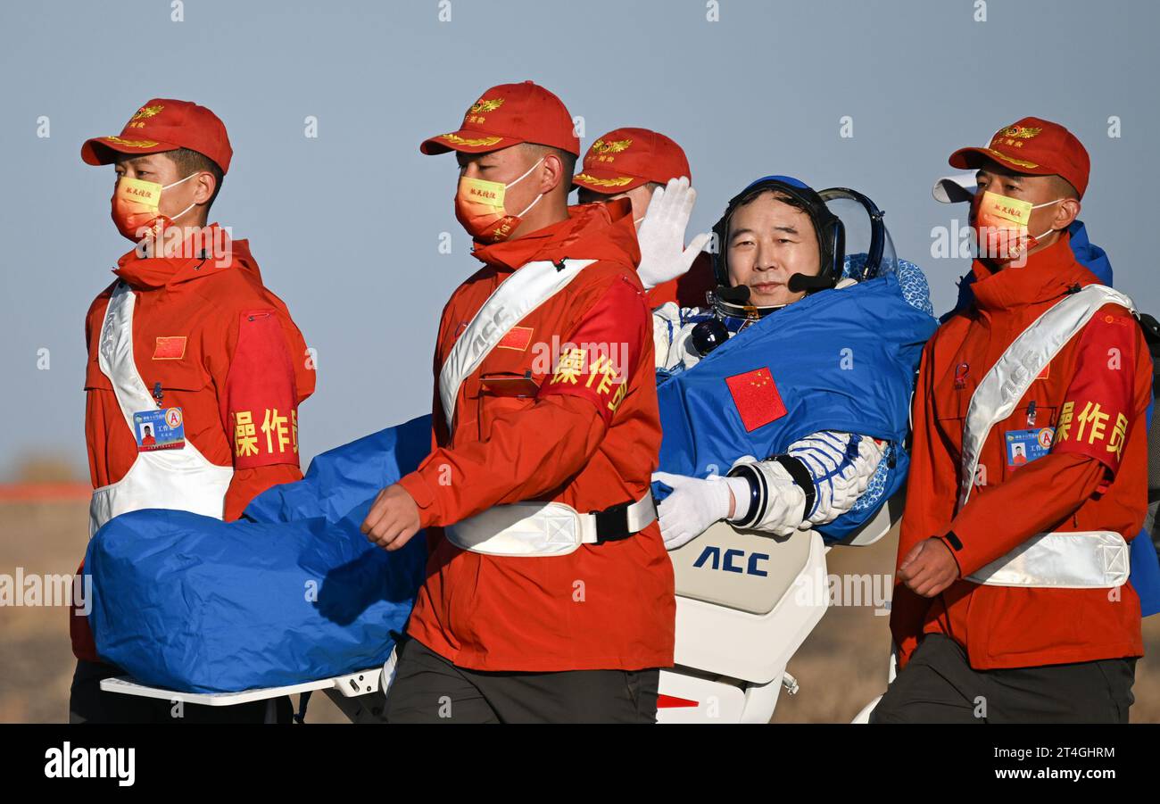 Dongfeng Landing Site. 31st Oct, 2023. Astronaut Jing Haipeng is out of the return capsule of ...