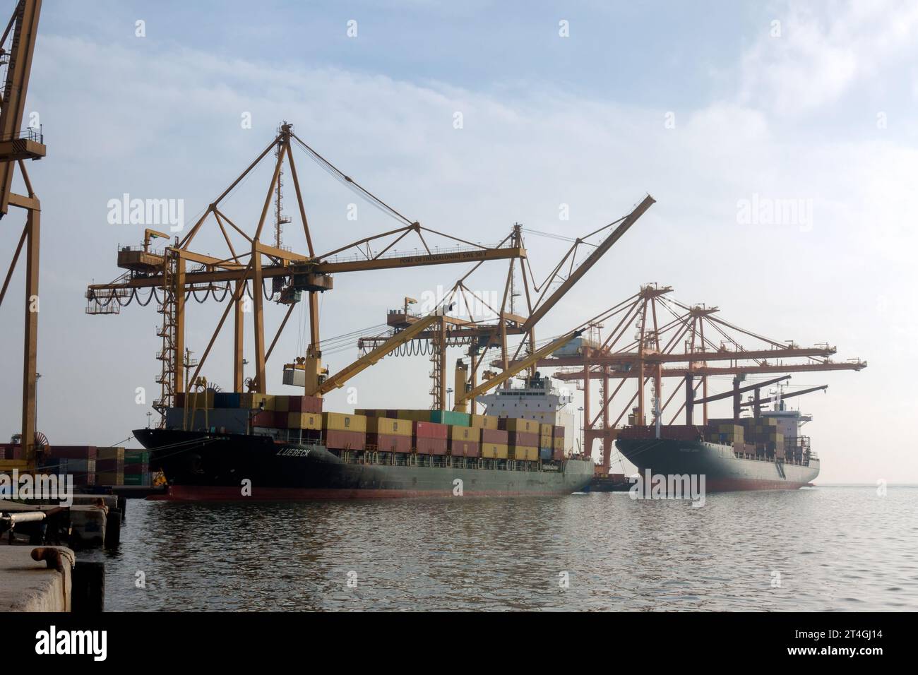 December 17th 2022 - Thessaloniki, Greece - Container ships unloading ...