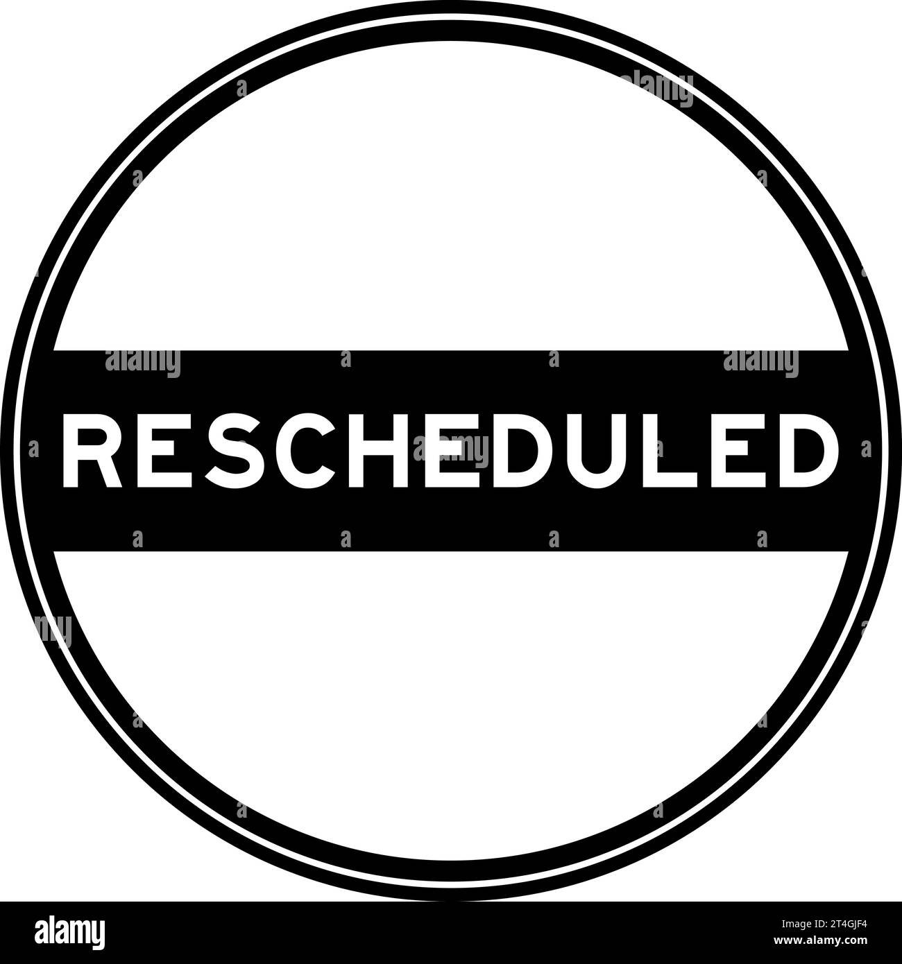 Black color round seal sticker in word rescheduled on white background ...