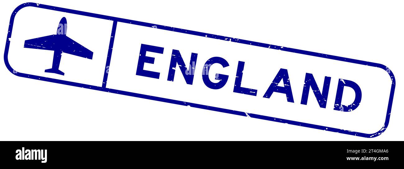 Grunge blue england word with plane icon square rubber seal stamp on ...