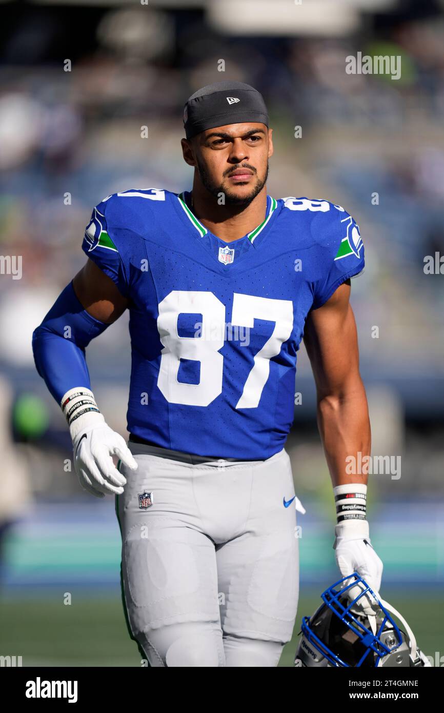 Seattle Seahawks tight end Noah Fant (87) walks off the field before an NFL football game ...