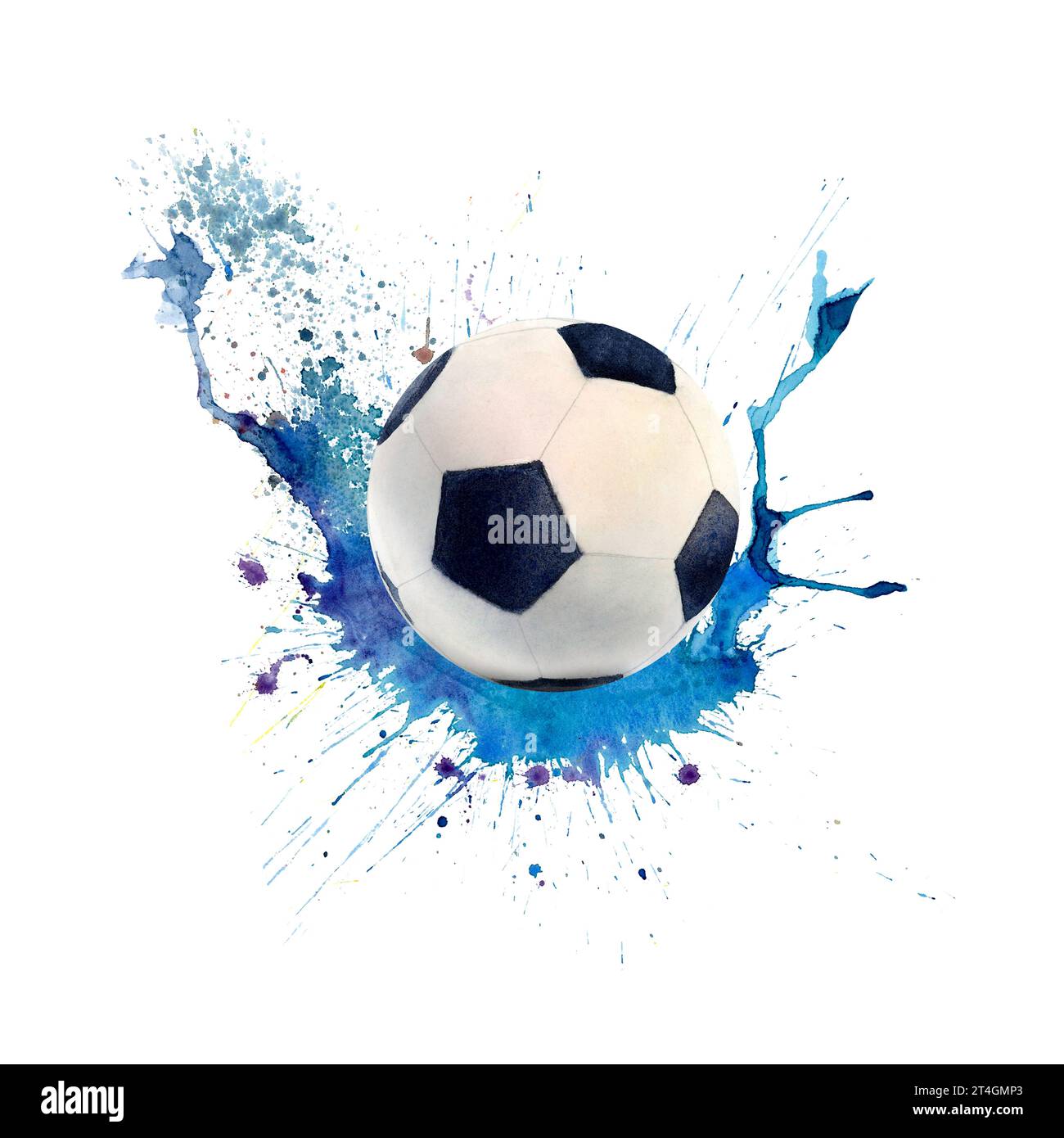 Watercolor drawing of football ball black and white with pentagons on ...