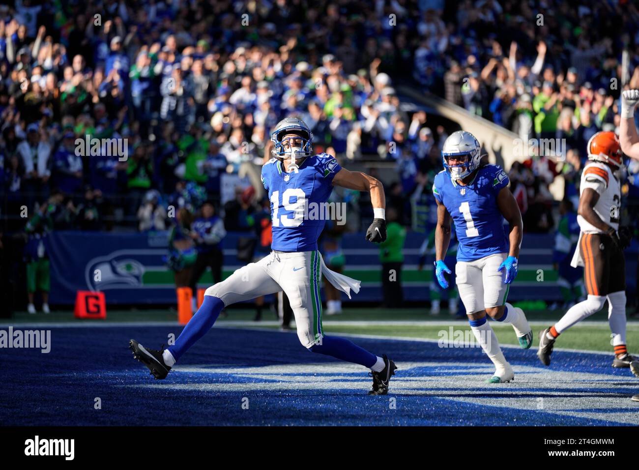 Seattle Seahawks wide receiver Jake Bobo (19) celebrates a touchdown ...