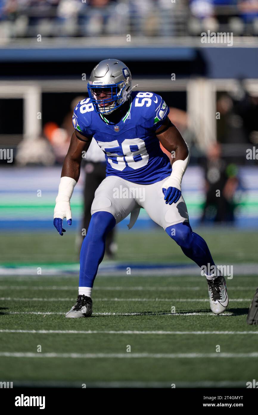 Seattle Seahawks linebacker Derick Hall (58) gets set during an NFL ...