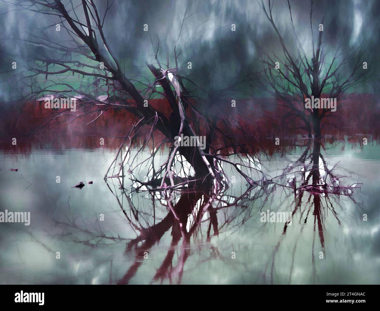 Digital illustration art. Mysterious, Dark and abandoned lake Stock ...