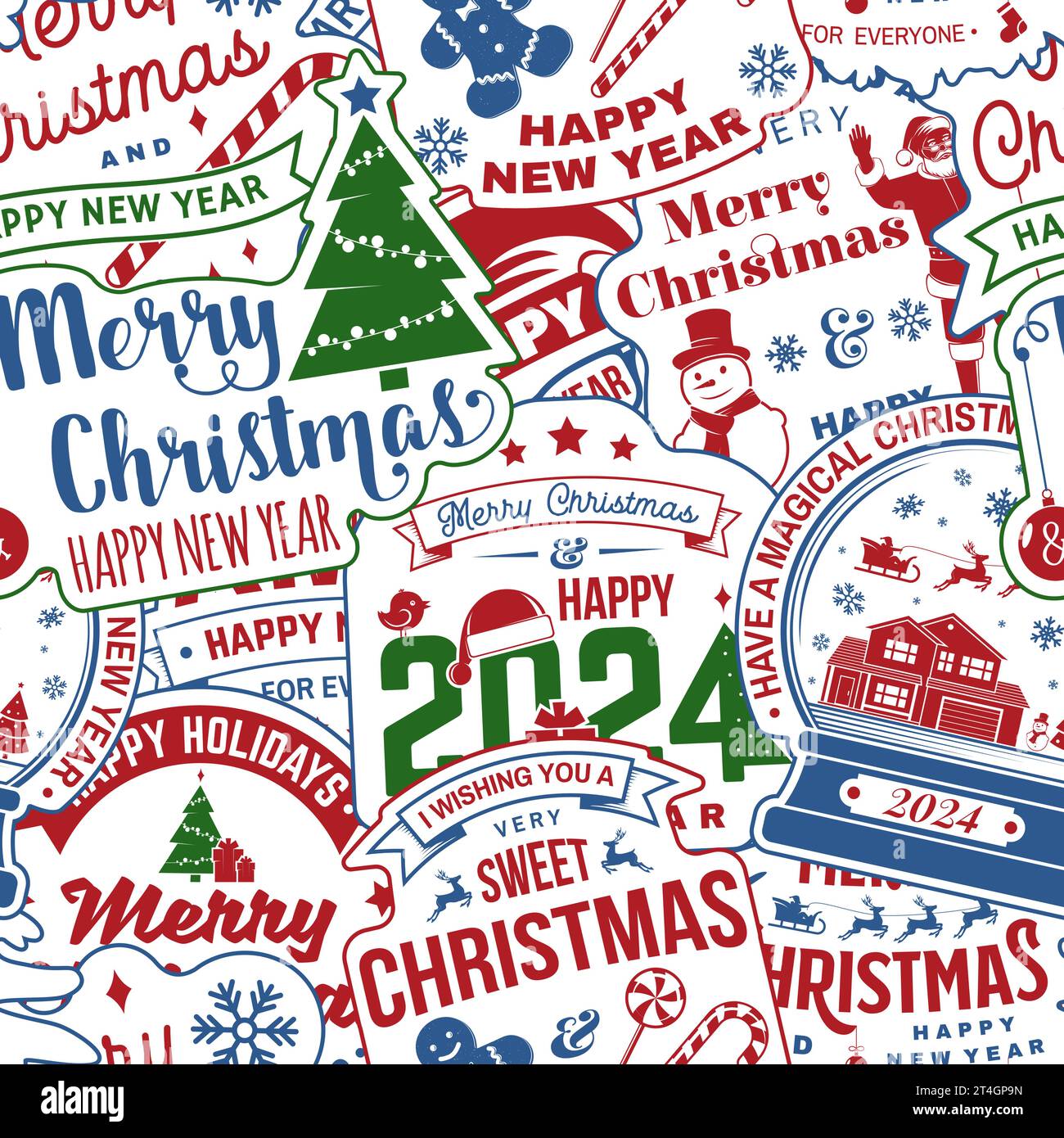 Merry Christmas and Happy New Year 2024 seamless pattern with ...