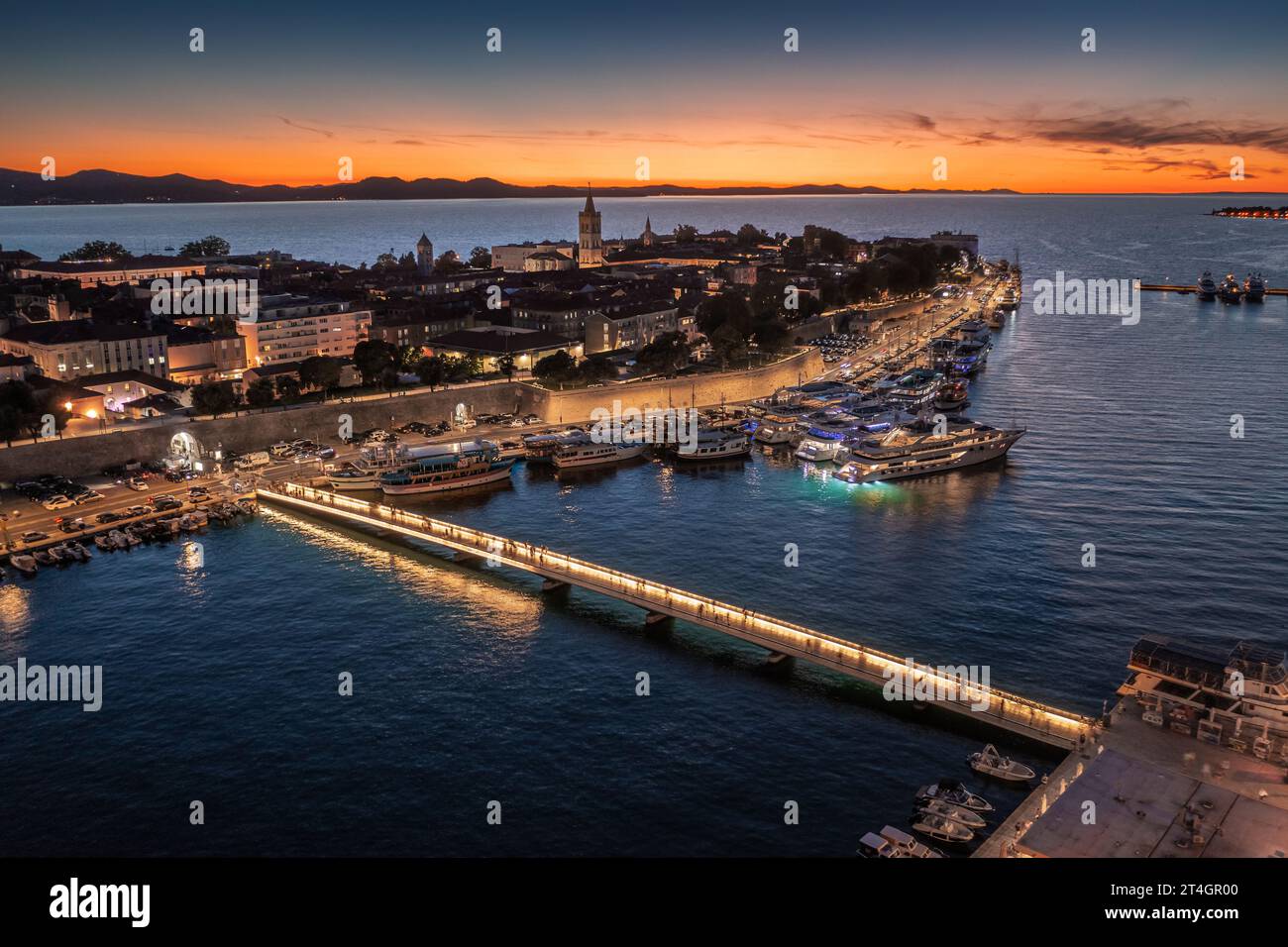 Zadar, Croatia - Aerial view of the old town of Zadar at golden sunset ...