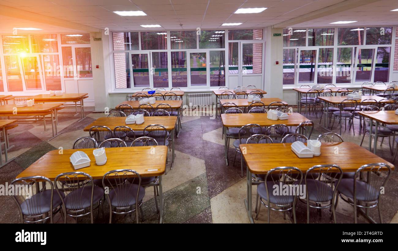 Chairs and tables. The dining hall in school is quarantined, isolation ...