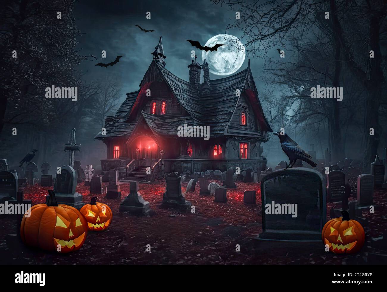 Halloween terror scene, with a haunted house in a cemetery at full moon ...