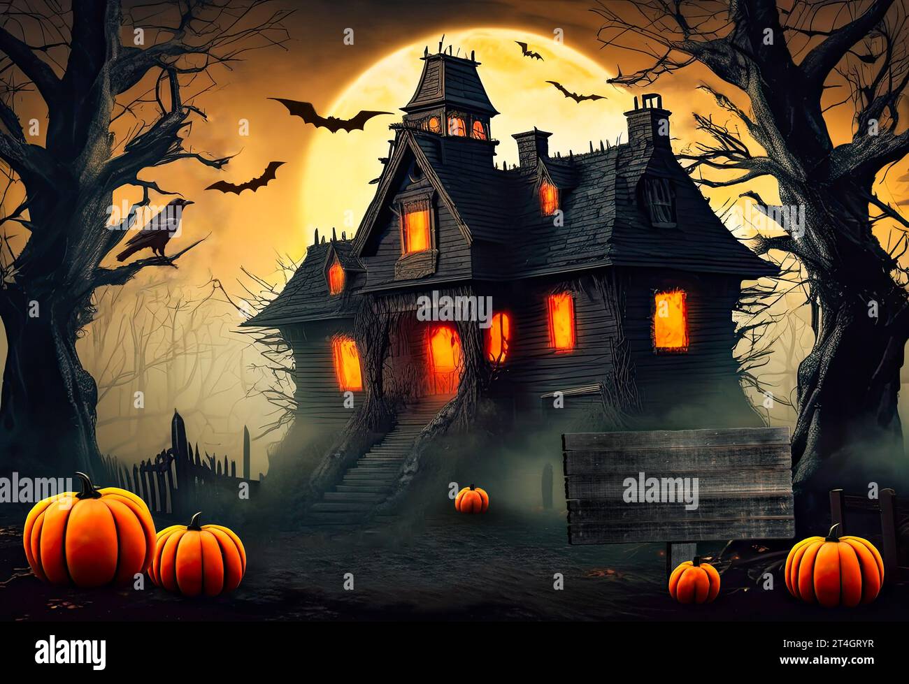 Halloween terror scene, with a haunted house in a cemetery at full moon ...