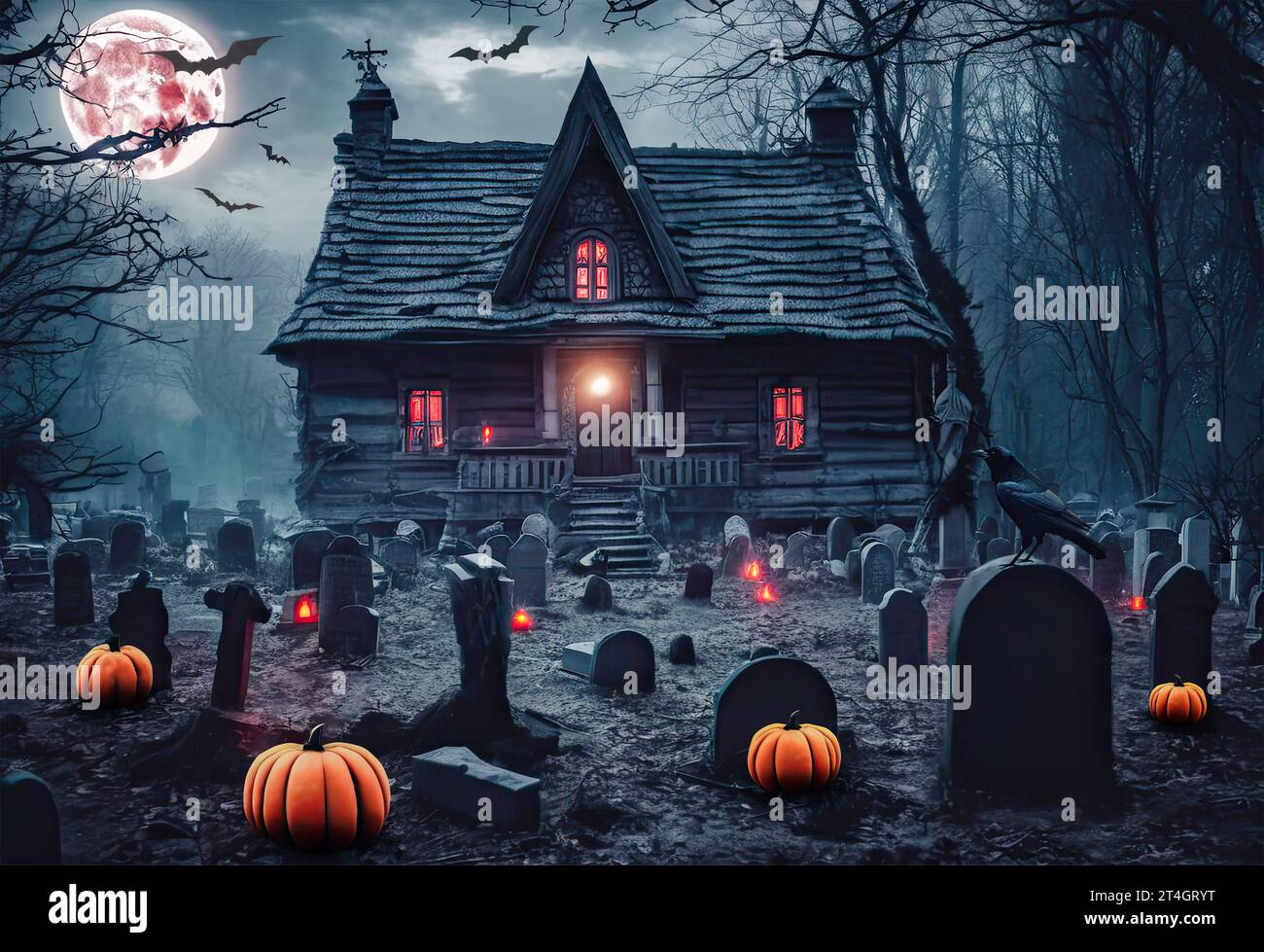 Halloween terror scene, with a haunted house in a cemetery at full moon ...