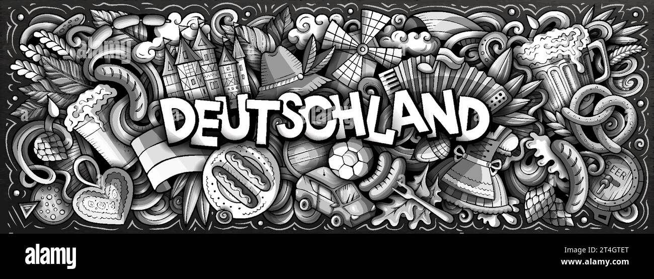 Vector illustration with Deutschland theme doodles. Monochrome banner ...