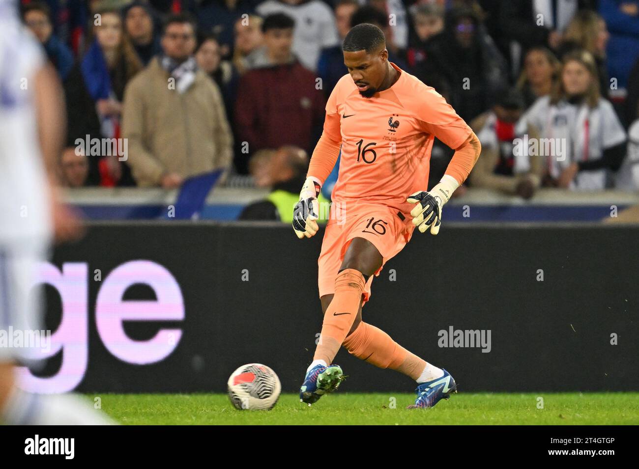 Goalkeeper Mike Maignan (16) of France pictured during a soccer game ...