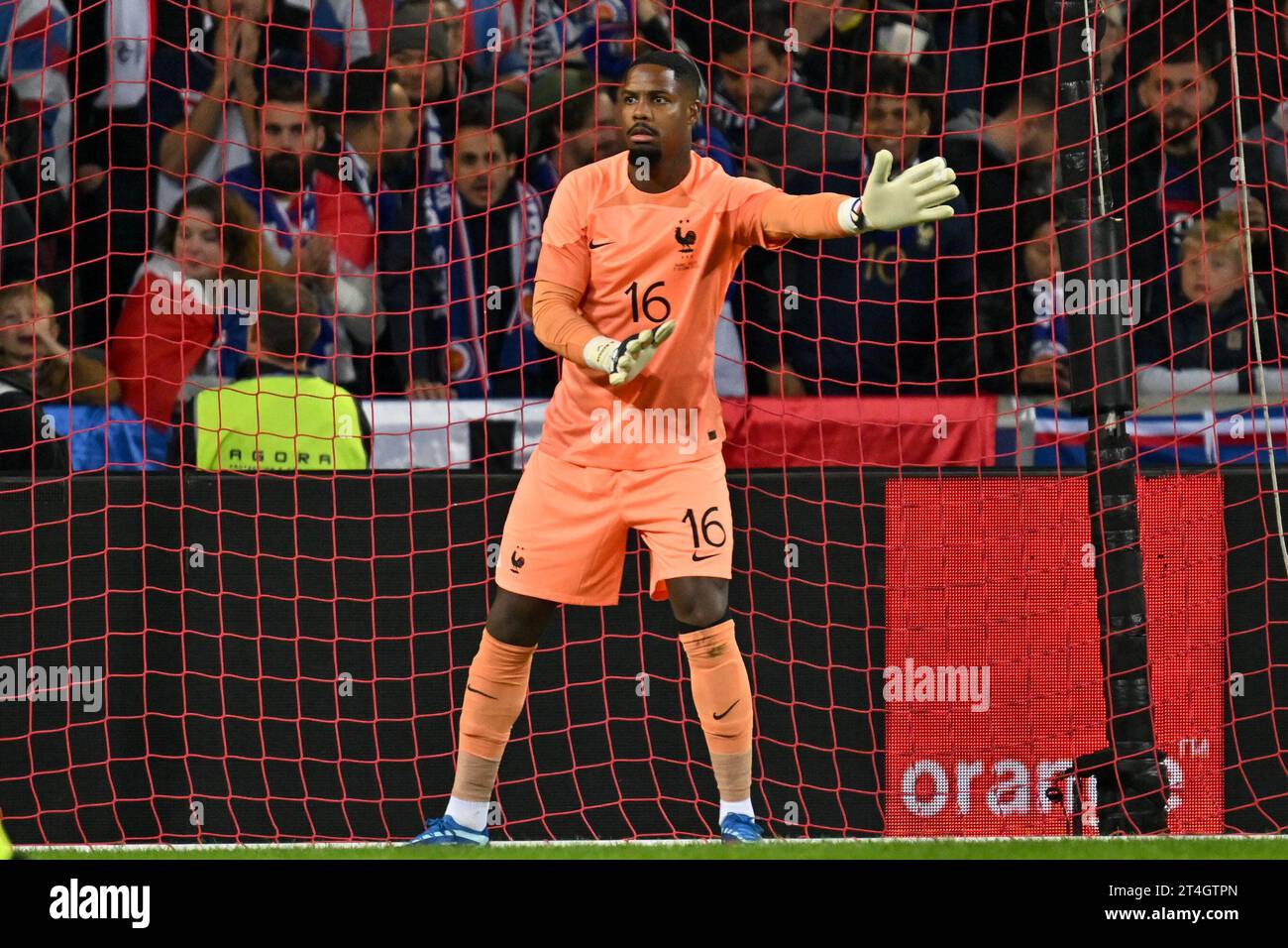 Goalkeeper Mike Maignan (16) of France pictured during a soccer game ...