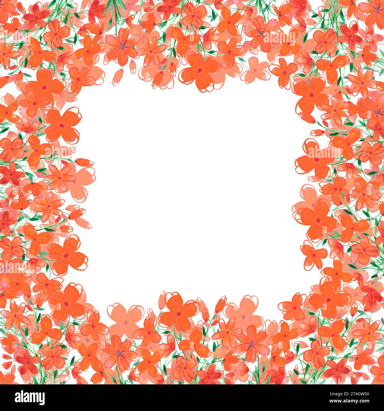 Hand drawn watercolor abstract orange daisy flowers frame border ...