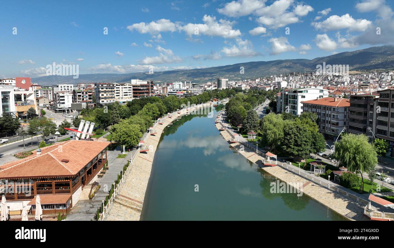 A photo of Tokat city center and Tokat water canal taken by drone ...