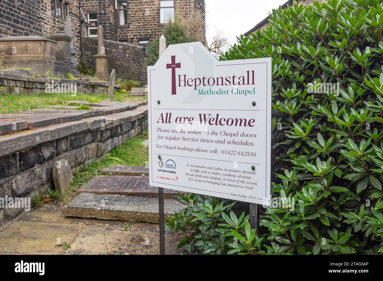 The Welcome to Heptonstall Chapel sign Stock Photo - Alamy