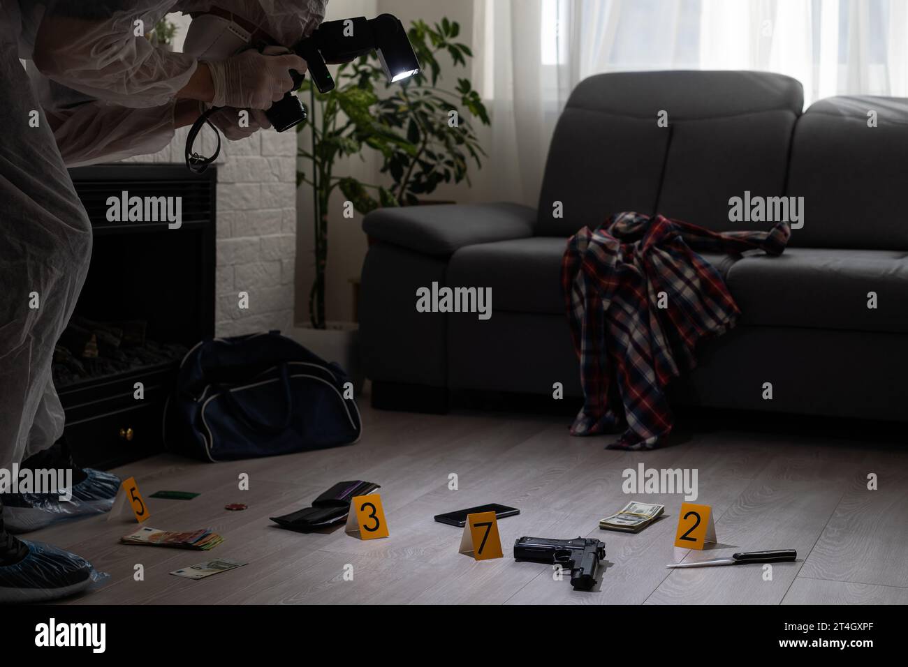 Detective Collecting Evidence in a Crime Scene. Forensic Specialists ...