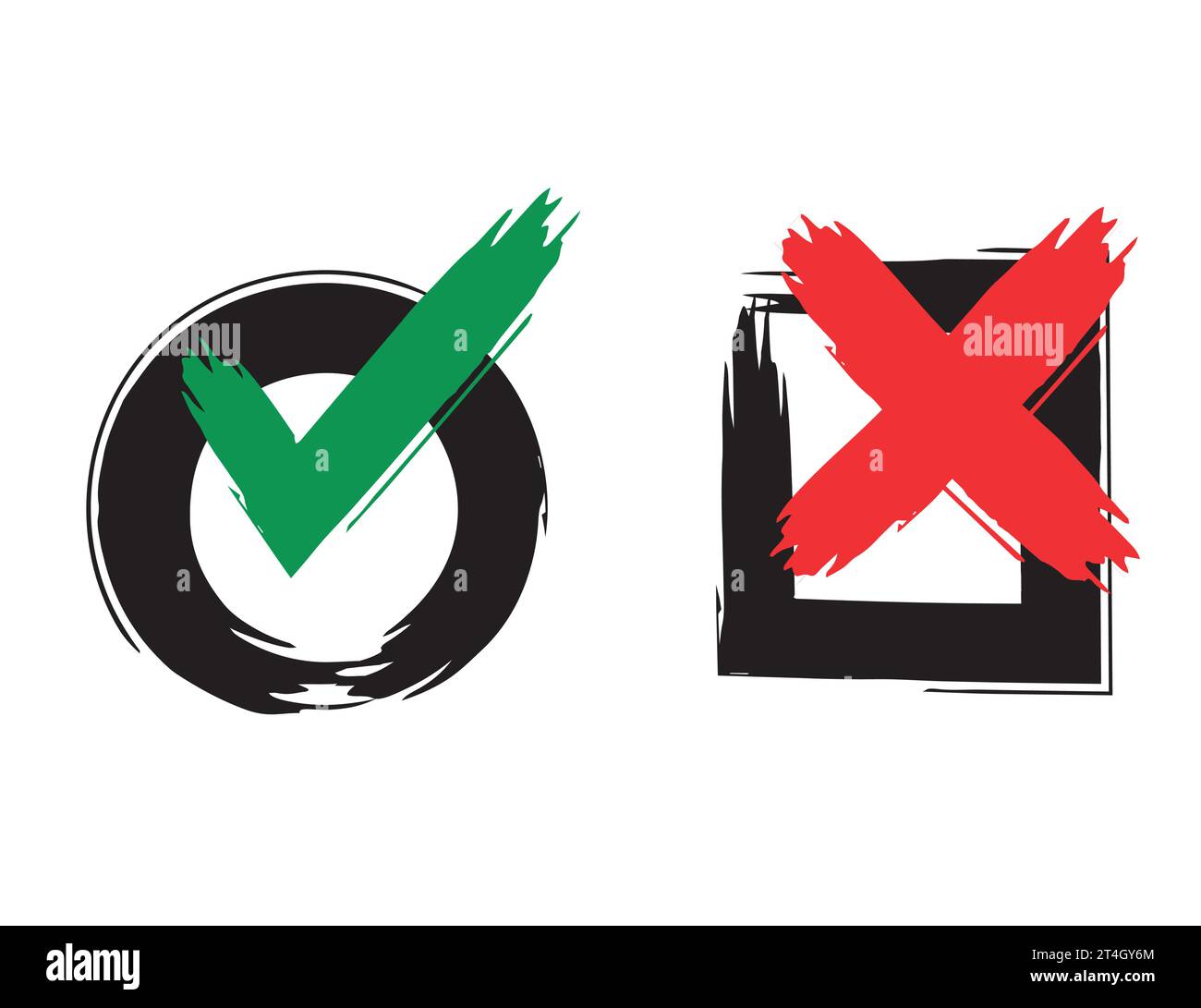 Consent sign and prohibition sign, checkmark, cross drawn with brush ...