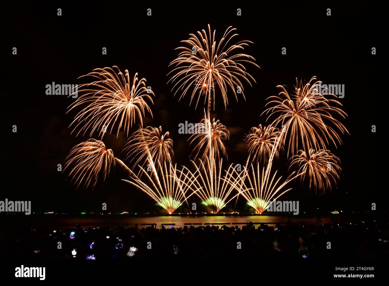 Joyful moment of people capturing fireworks show with camera and smart ...